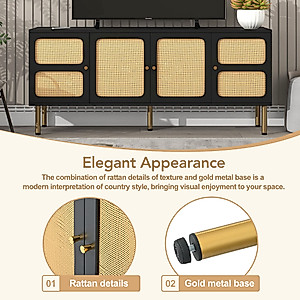 Bellemave Boho style TV Stand with Rattan Door, Woven Media Console Table for TVs Up to 70”, Country Style Design Side Board with Gold Metal Base for Living Room（Black）