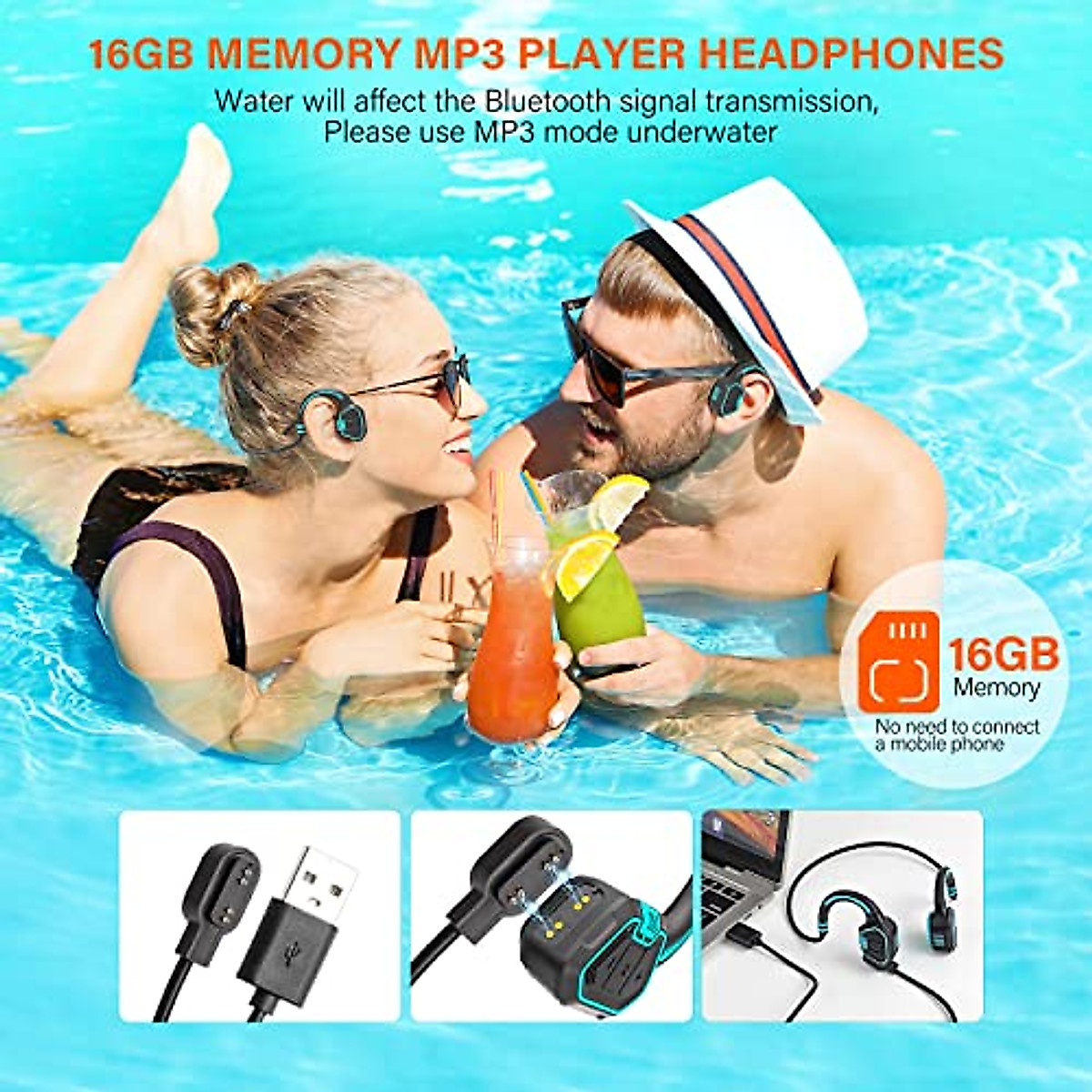 UooEA Bone Conduction Waterproof Swimming Headphones - IP68 Waterproof Swimming Headphones Inductive Open Ear Wireless Bluetooth Sports Headset with MP3 Play 16G Memory for Running Swimming(Blue)