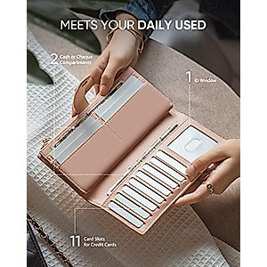 Vulkitty Wallet for Women Large Capacity Leather Purse RFID Blocking Credit Card Organizer with Zipper Pocket(Rose)