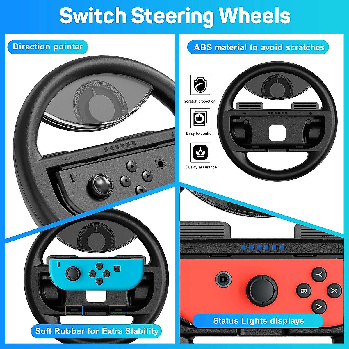 momen Switch Steering Wheel for Switch Joycon Controller, Switch Racing Wheels Grip Family Use Accessories for Mario Kart 8 Deluxe 2 Pack (Black)