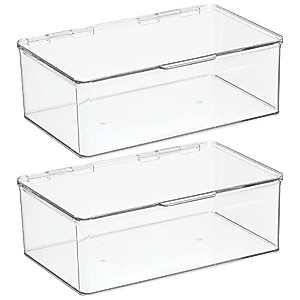 mDesign Plastic Kitchen Pantry and Fridge Storage Organizer Box Containers with Hinged Lid for Shelves or Cabinets, Holds Food, Snacks, Canned Drinks, Seasoning, Condiments, or Utensils, 2 Pack, Clear
