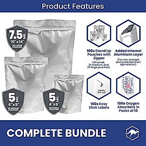 Wallaby 100 Count Mylar Bag Bundle - Multi-Size Pouches, 100x 400cc Oxygen Absorbers, 100x Labels - Heat Sealable, Food Safe & BPA-Free - Long-Term Food Storage for Preppers - Silver (Gusset)
