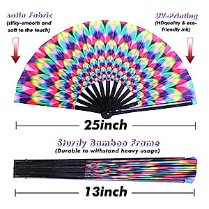 Gionforsy 2pcs Rave Hand Fan Bamboo Holding Hand Fan Large Folding Fan with Bright Color Fabric Folding Fan for Festival (Style-1)