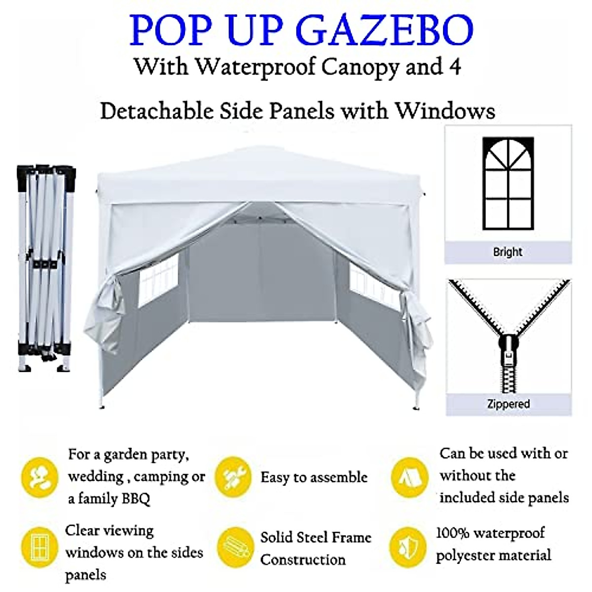 Pop Up Gazebo Tent 10x10 Outdoor Canopy, Instant Shelter w/Adjustable Height, Steel Frame Permanent Pavilion with Side Curtains & Zippered Door, Sunshade for Garden, Patio, Lawns, Beach, White