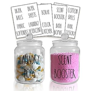 Laundry Room Organization Jars with Labels, Glass Containers for Laundry Detergent Laundry Powder, Farmhouse Laundry Pods Storage Organizers, Laundry Soap Dispenser, Scent Booster Holder (Clear)