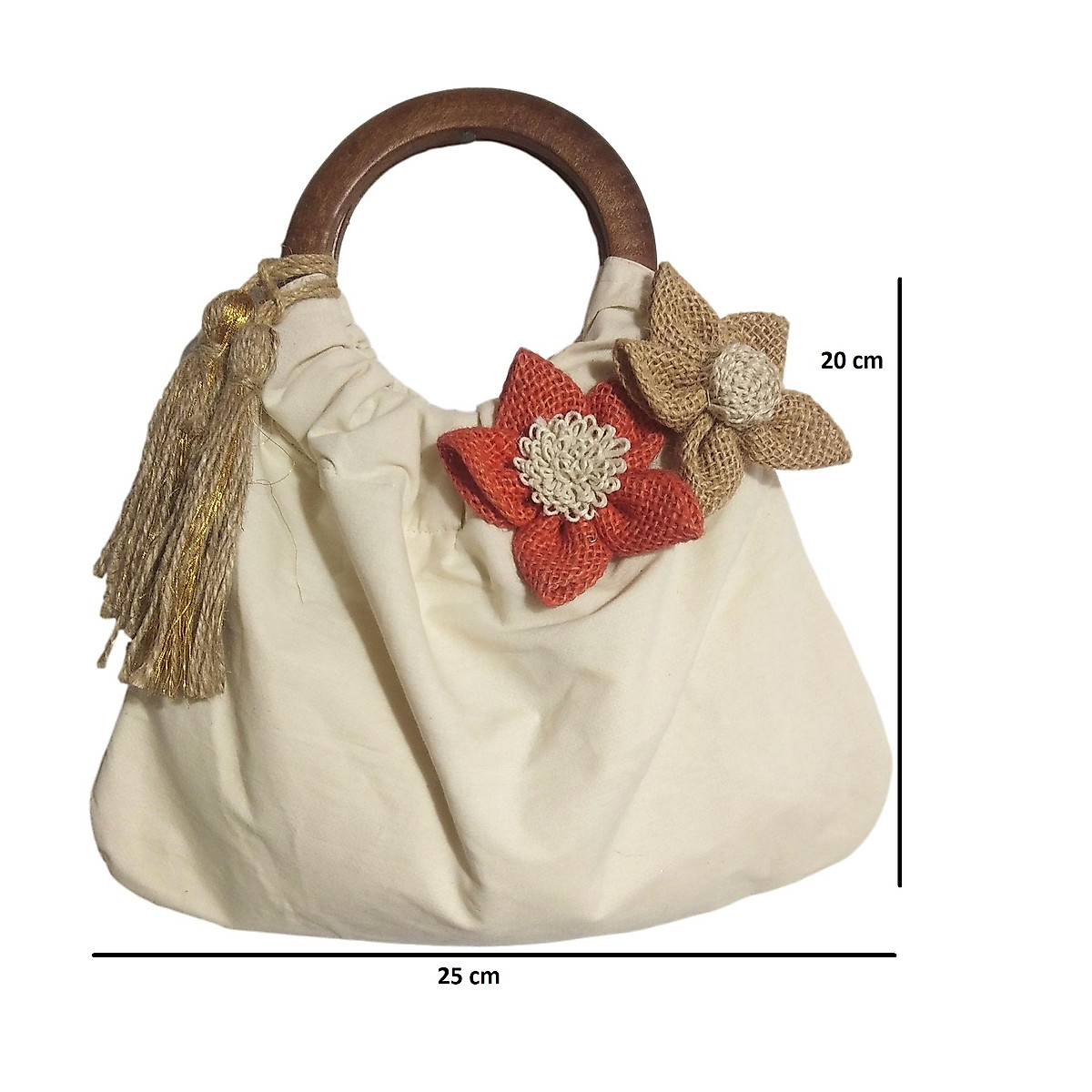 athizay top handle handbags Handcrafted Bow Jute Flower wooden handles potli bags for women artisan hand carry bags (Off white, Orange, Brown)