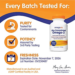 OmegaVia Ultra Concentrated Omega 3 Fish Oil Burpless, 60 Softgels, Triple Strength Omega 3 Fish Oil Supplements, 1135 mg Pure Omega3, No Fishy Burps, High EPA DHA DPA, IFOS 5-Star