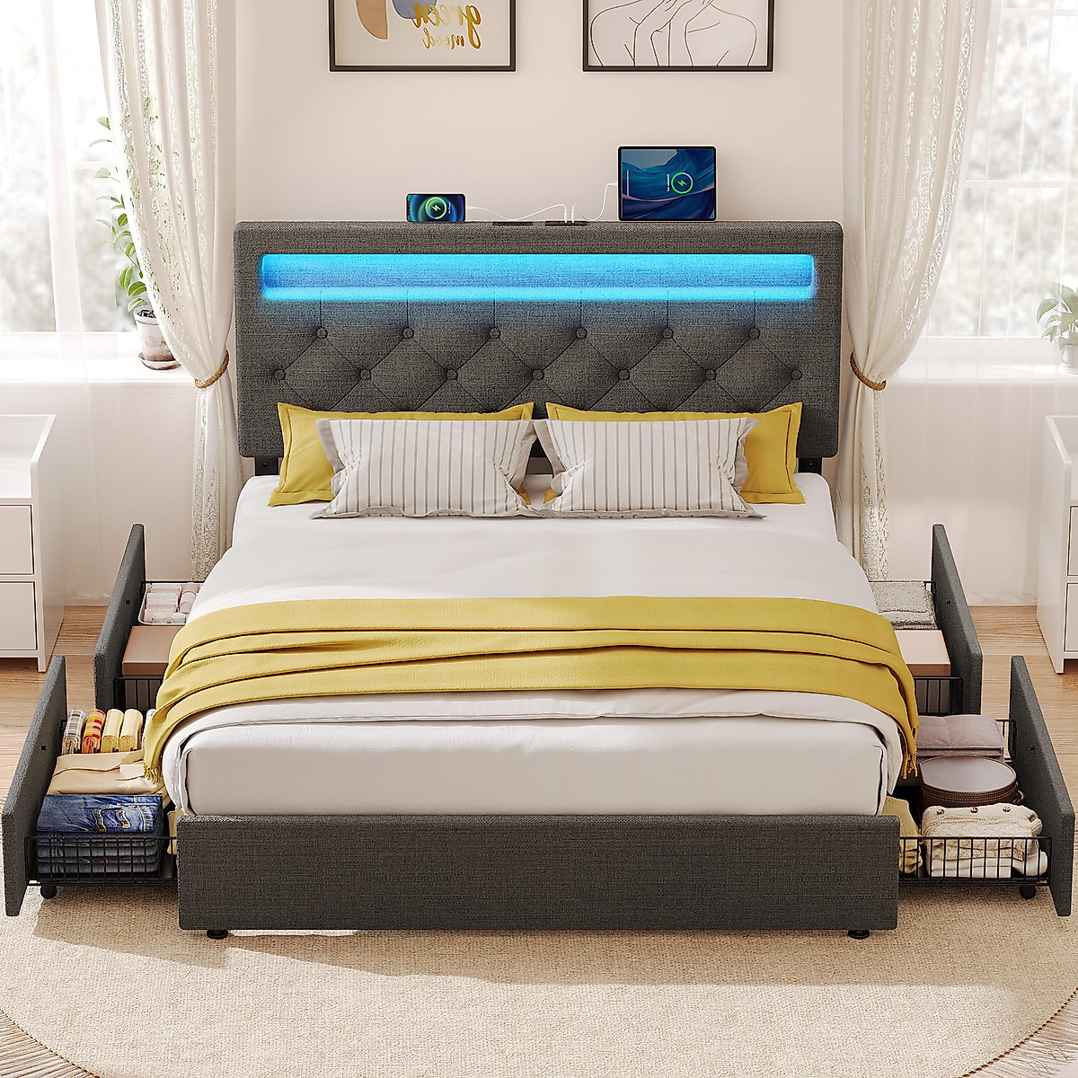 Rolanstar Full Size Bed Frame with Charging Station and LED Lights, Upholstered Bed with Adjustable Headboard and 4 Storage Drawers, No Box Spring Needed, Easy Assembly, Dark Gray