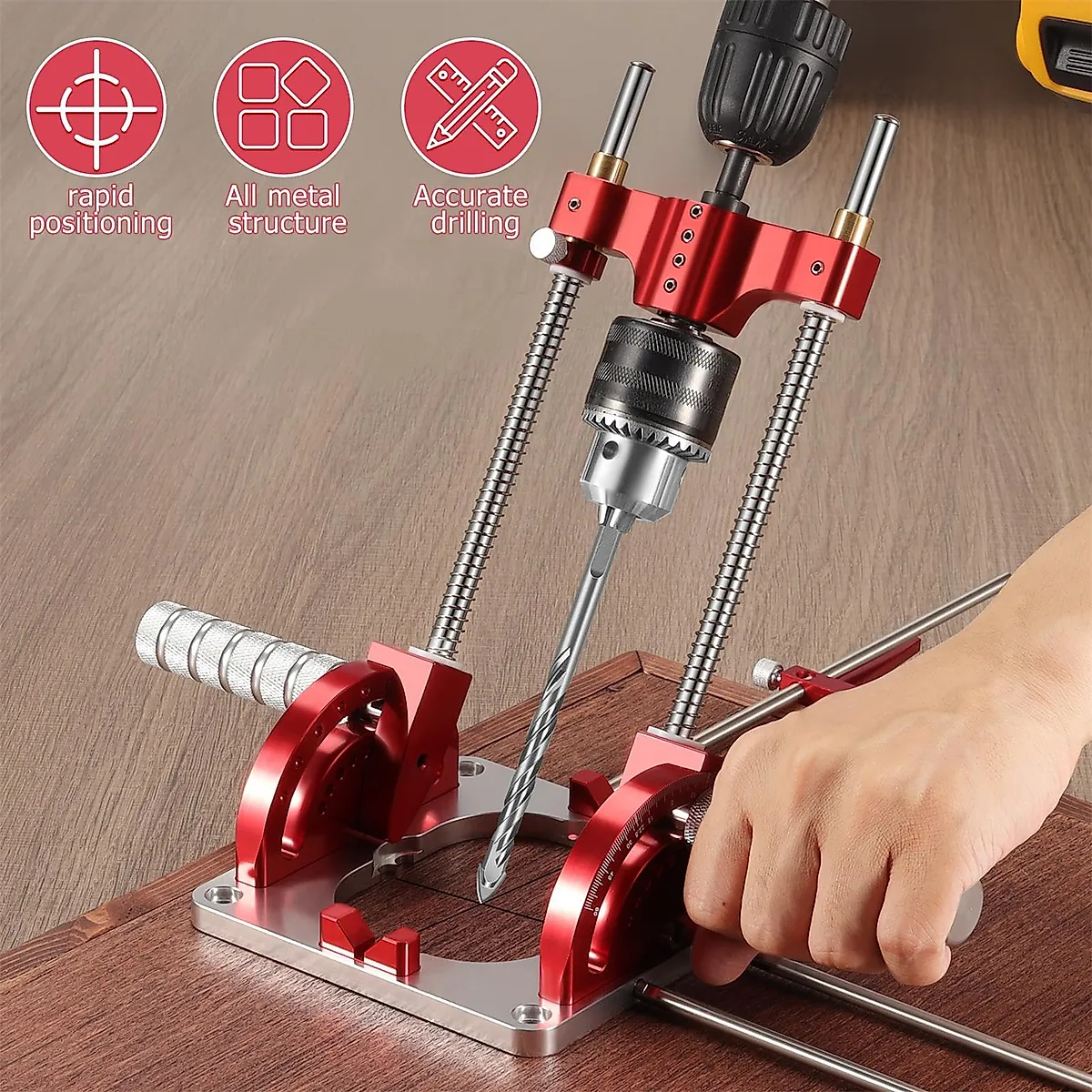 Portable Drill Guide Self-Centering Portable Drill Guide w/Chuck Key, 0° To 60° Angle Drill Guide w/Easy-To-Read Protractor Scale,Multi-Angle Drill Guide With Self-Centering Base Woodworking Furniture