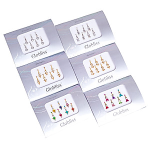 Globliss 6 Packs with 42 Long Indian Bindis face Gems Forehead Sticker Silver Golden Colorful