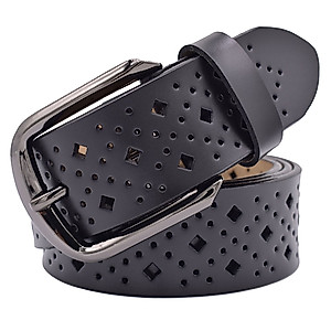 VONSELY Hollow Leather Belts for Women, Soft Leather Womens Belts with Pin Buckle (1.5" Wide Black)