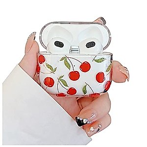 YeLoveHaw Designed for AirPods Pro Cute Case for Women Girls, Red Fruit Green Leaves Pattern, Glitter Golden Lines, Soft Clear Full Body Protective Cover for Airpods Pro Charging Case 2019 (Cherry)