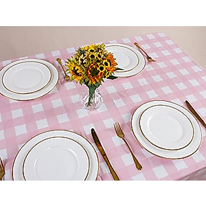 Kesfey 3 Packs Pink Gingham Tablecloth Pink and White Checkered Tablecloths 54 x 108 Inches Disposable Plastic Gingham Tablecovers Waterproof Rectangle Picnic Table Covers for Birthday Party Supplies