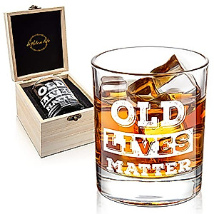 LIGHTEN LIFE Old Lives Matter Whiskey Glass 12 oz,Rock Glass in Valued Wooden Box,Funny Birthday or Retirement Gift for Grandpa,Dad ,Old Man,Old Fashioned Whiskey Glass