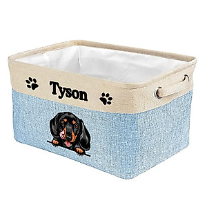 MALIHONG Personalized Foldable Storage Basket with Cute Dog Dachshund Collapsible Sturdy Fabric Pet Toys Storage Bin Cube with Handles for Organizing Shelf Home Closet, Blue amd White