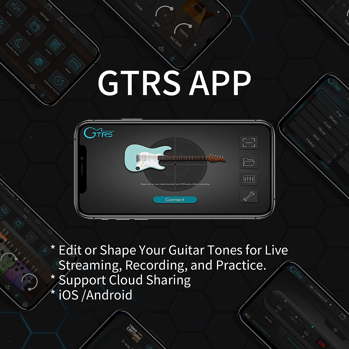 GTRS W800 Professional Electric Guitar Kit with Intelligent Process System Guitar Simulations Effects Drum Looper Metronome Support App Control for Recording Performance Practice(Black)