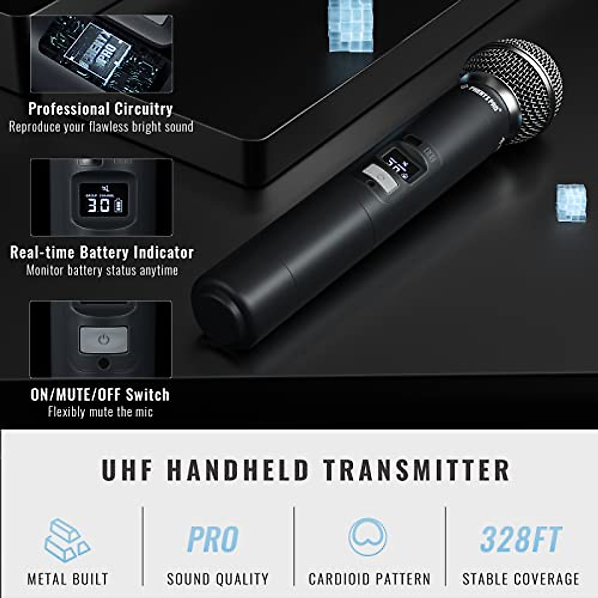 Phenyx Pro Wireless Microphone System, Dual Mic Set with Handheld/Bodypack/Lapel Mics,Auto Scan, 2x100 UHF Frequencies,328ft Range,Cordless Microphone for Singing, Karaoke, Church(PTU-71-1H1B)