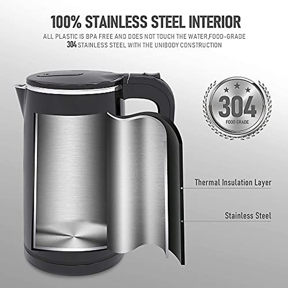 COOKTRON 1.7L Quiet Electric Kettle, Double Wall Hot Water Boiler BPA-Free Cool Touch Tea Kettle, Cordless with Auto Shut-Off & Boil Dry Protection, 1500W Fast Boiling, Black