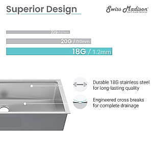 Swiss Madison Rivage 45 x 19 Single Basin Undermount Kitchen Workstation Sink, stainless steel (SM-KU756)