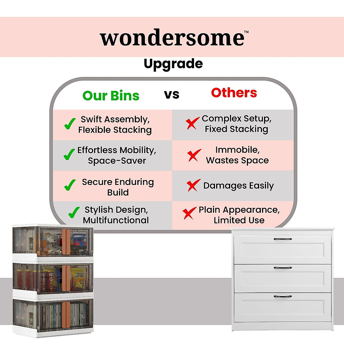 Wondersome Collapsible Storage Bins - 6-Pack of Extra-Large 19-Gallon/76-Quart Stackable Wheeled Clothing, Shoe, Bedroom, Office Organizer - Foldable Containers - Assembles in Second - US-Based Brand