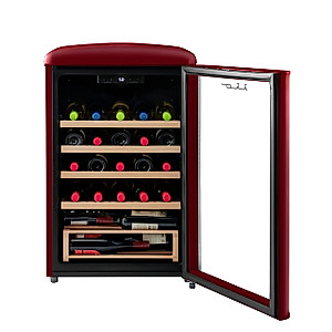 iio 30 Bottle Retro Small Wine Cooler Refrigerator, UV Resistant Glass Door, Cabinet RV Office Bar Beverage Cellar, Mini Fridge for Bedroom, Quiet Compressor, Freestanding, Slide-out Shelves (Red)