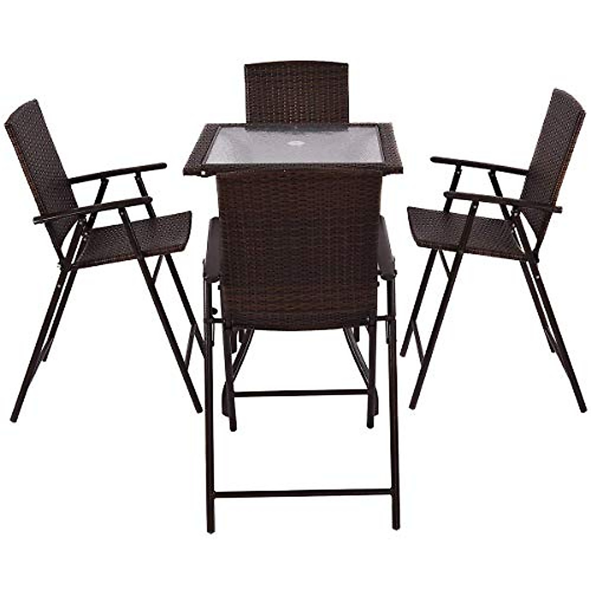 Tangkula 5 Pieces Patio Dining Set, 4 Folding Wicker Sling Chairs and Square Glass Top Table Set, with Umbrella Hole, Suitable for Apartment Balcony, Lawn, Garden and Poolside