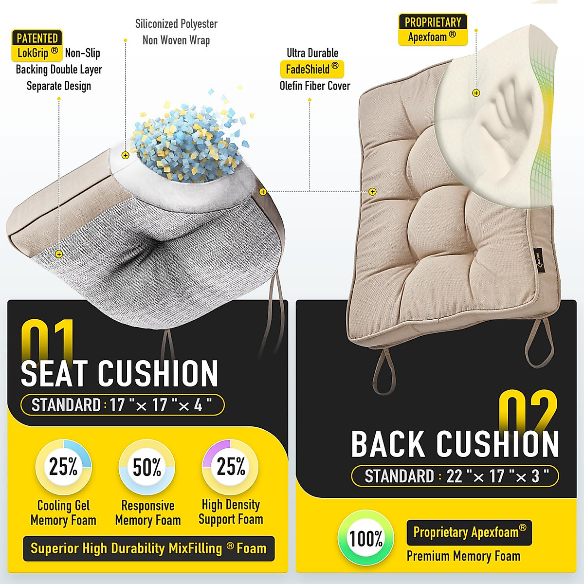 SUNROX Memory Foam Non Slip Rocking Chair Cushion, FadeShield Water Resistant Thicken Durable Tufted Pads, Set of Seat & Back Cushion with Ties for Indoor/Outdoor Rocker, 2 Piece, Husk Birch
