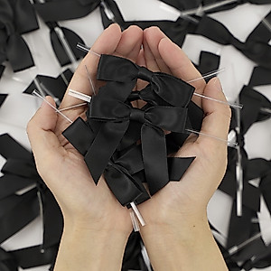 AIMUDI Black Bows for Gift Wrapping 2.5" Premade Black Twist Tie Bows for Crafts Pre-Tied Black Satin Ribbon Bows Small Gift Bows for Treat Bags Party Favors Wedding Decorations - 50 Counts