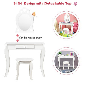 HONEY JOY Kids Vanity Set with Mirror, Toddler Wooden Vanity Table with Stool & Drawer, Removable Top, Princess Pretend Play Beauty Makeup Dressing Table Playset for Little Girls(White)
