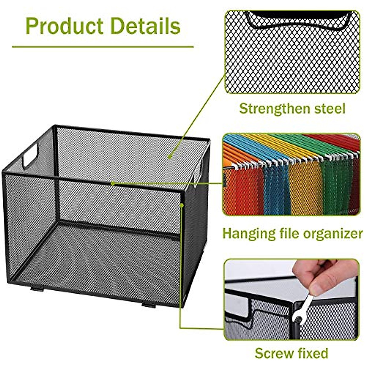 Meshist Mesh Hanging File Folder Box Organizer, Office Metal File Foldable Storage Crate,Letter Size, Black.