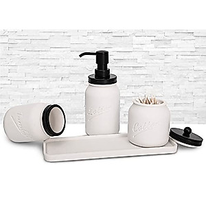 Bathroom Accessory Set,Mason Jar Bathroom Accessory Set, 4 Pcs Bathroom Accessory Set, White Quartz Sand, Include Lotion Dispenser &Tumbler& Cotton Jar&Tray