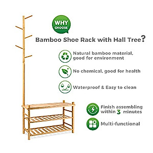 ZYBT Shoe Rack, Entryway Bench with Coat Rack, Hall Tree, 3 in 1 Design Bamboo Shoe Rack for Entryway, Multifunctional Shoe Bench, Free Standing Shoe Racks Shelf for Hallway Bedroom