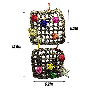 Bird Foraging Wall Toy Natural Seagrass Woven Parrot Activity Wall Hanging Hammock Cage Intelligence Chew Toy with Colorful Rattan Balls for Small Parrot Parakeet Conure Cockatoo Budgie Lovebird