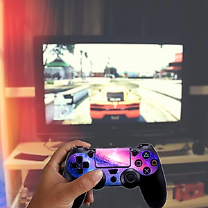 Ps4 Slim Stickers Full Body Vinyl Skin Decal Cover for PlayStation 4 Console Controllers (with 4pcs Led Lightbar Stickers) (Blue fire) (Pink Sky)