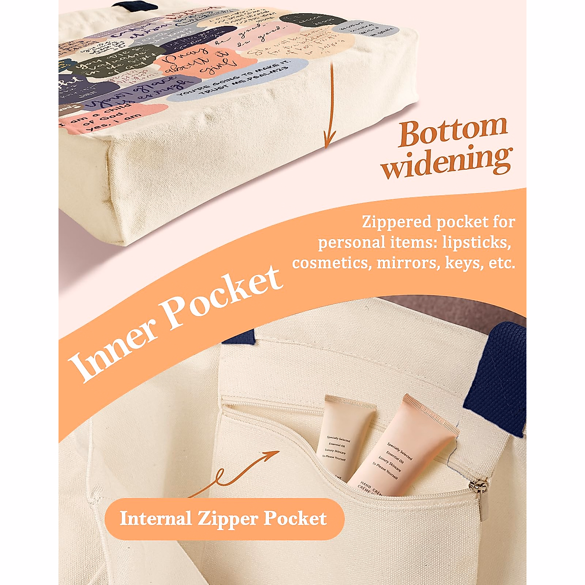 Miss Adola Aesthetic Heavy Canvas Tote Bag with Pocket for Women, Chic Bible Quote Collages Design Casual Sturdy Christian Cloth Cotton Gusseted Totes Bag with Pattern for Vacation, Shopping, Gym