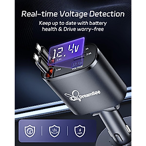 DreamBee Retractable Car Charger,Super Fast USB Car iPhone Charger,Dual iPhone Retractable Cables (31.5 inch) and 2 USB Ports Car Charger Adapter for iPhone14/13/12/11 Pro Max/XS MAX/,iPad,Samsung