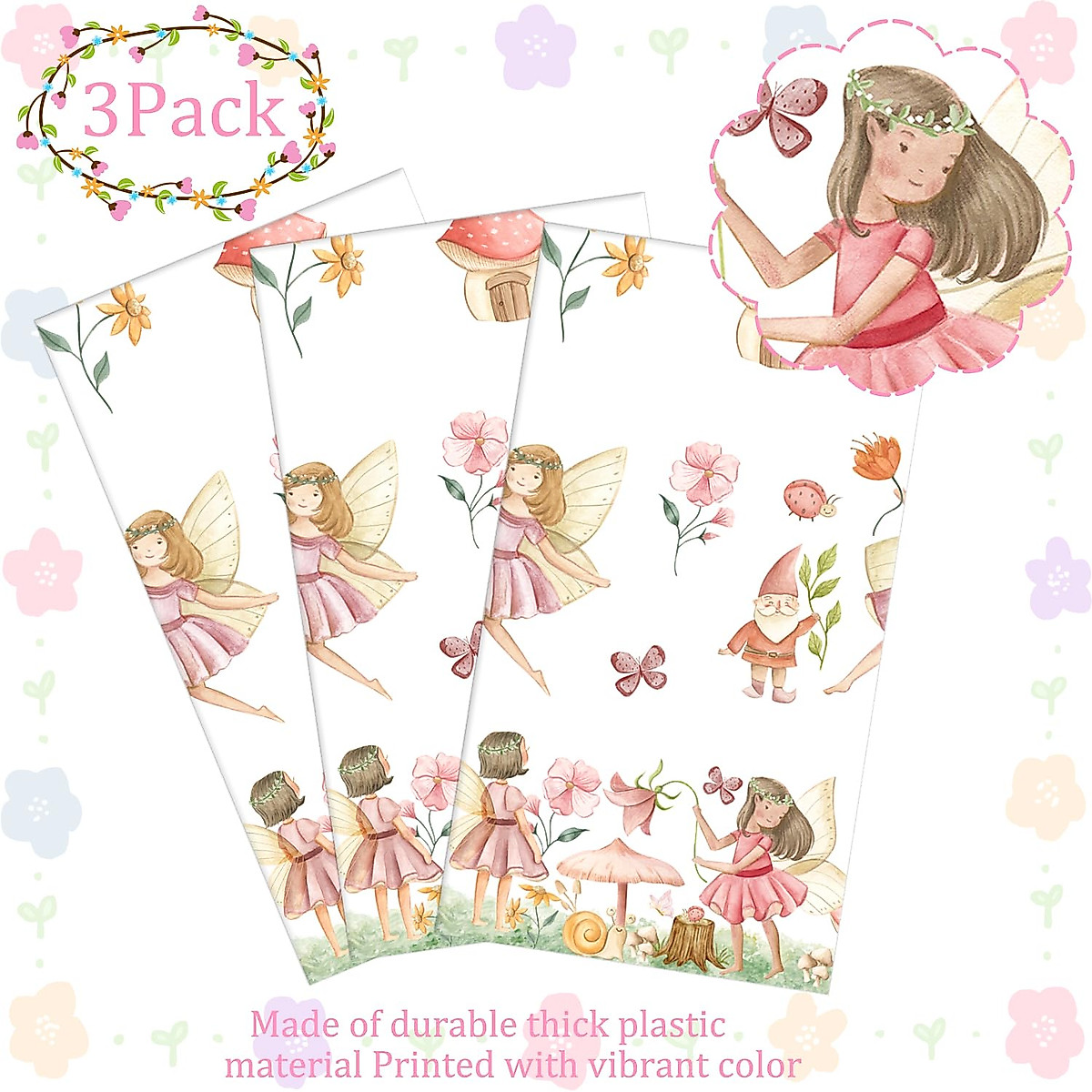 CANDY CHEF Fairy Party Tablecloth Fairy Birthday Party Table Cover 3Pcs Fairies Garden Table Covers Fairy Birthday Party Decorations for Fairy Elf Theme Baby Shower Supplies