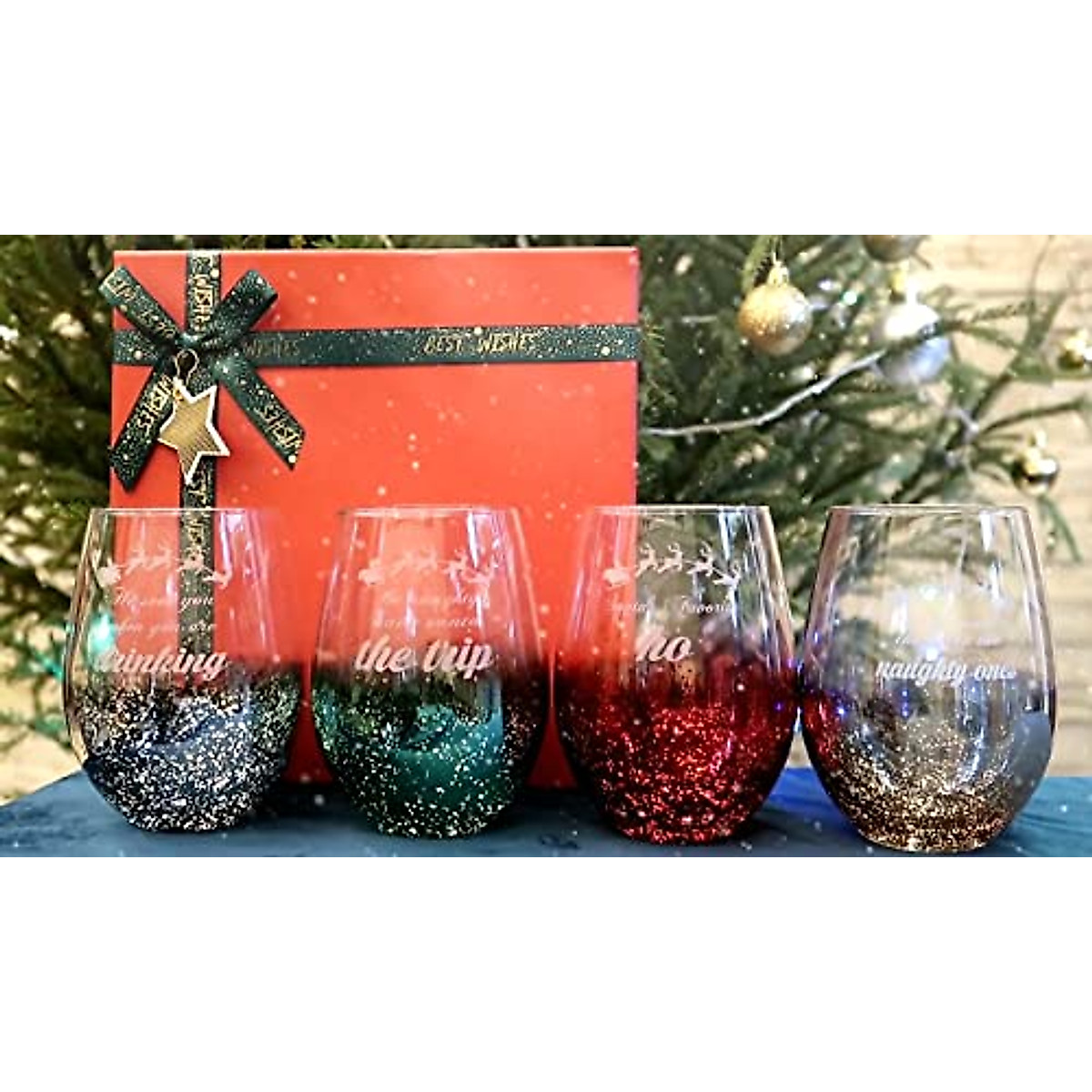 Christmas Stemless Santa Wine Glasses, Handmade Etched Wine Glasses, 4 Pack