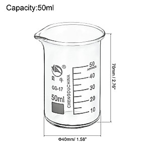 PATIKIL 50ml Tall Form Glass Beaker, 2 Pack 3.3 Borosilicate Glass Graduated Printed Scale Measuring Cups with Spout for Kitchen Lab Liquids Transit Boiling