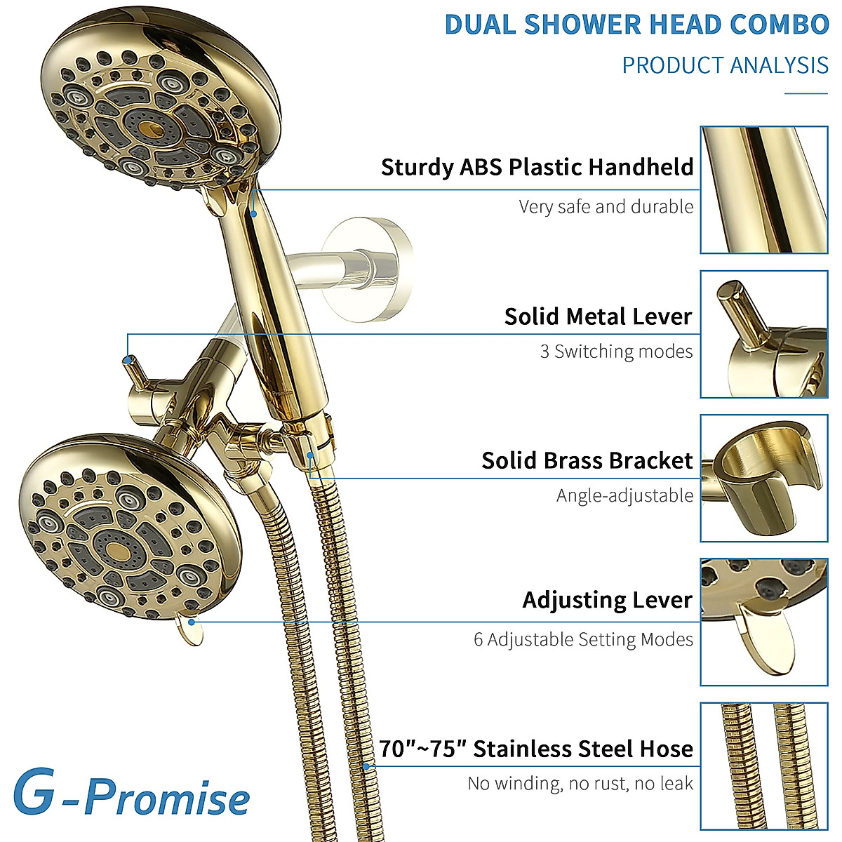 G-Promise High Pressure Dual Shower Head Combo | 72 Inches Flexible Stainless Steel Hose, 3-Way Solid Brass Diverter Bracket (Polished Brass)