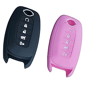 RUNZUIE 2Pcs Silicone Remote Smart Key Fob Compatible with 2024 2023 Nissan Rogue Pathfinder Key Fob Cover 5 Button (Black/Pink)