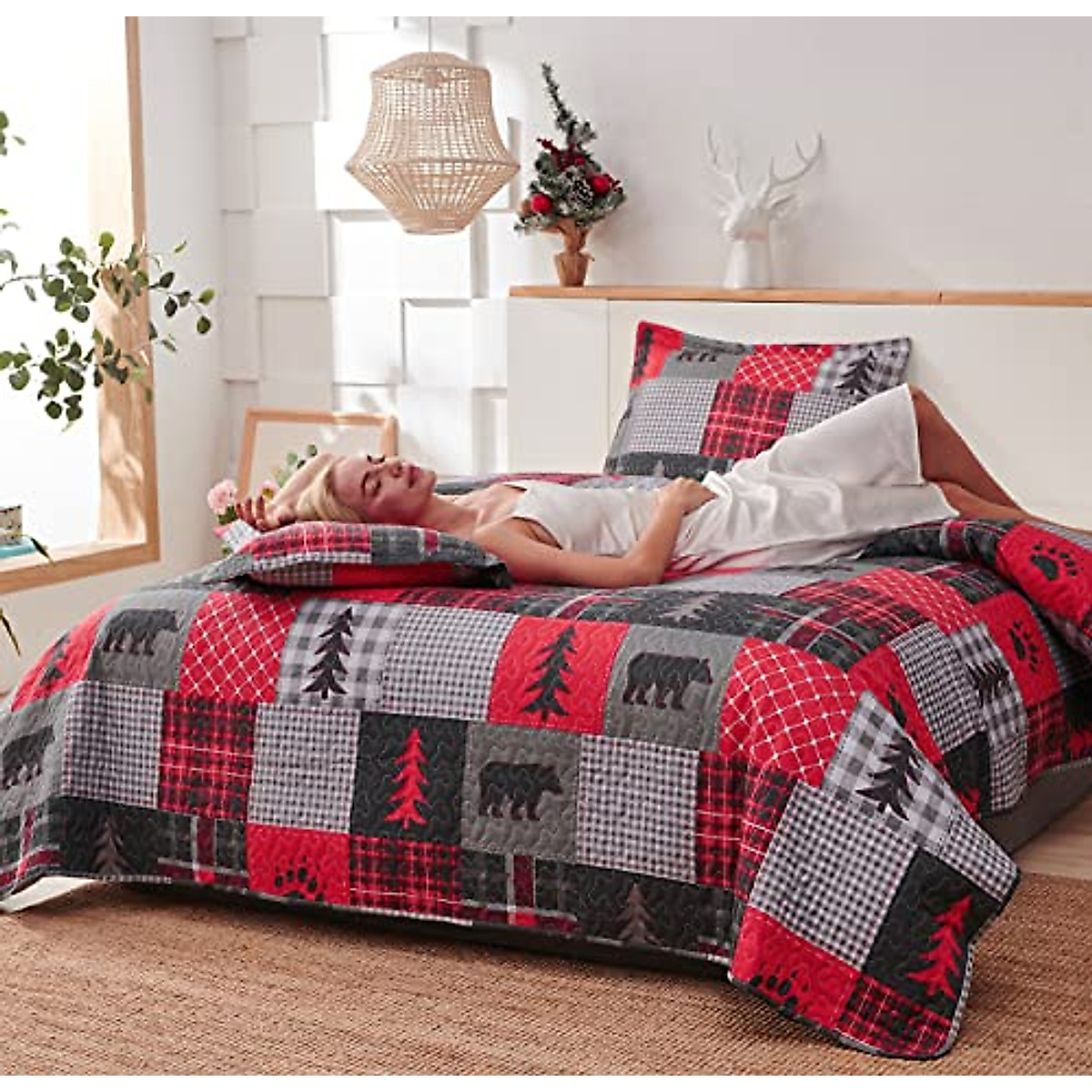 Bedspread Coverlet King Size Rustic Quilt Set Bedding King Plaid Quilt Bedding Lightweight Bedspread Lodge Cabin Bear Bedding Country Patchwork Quilt Bedspread Coverlet Rustic Reversible Quilts