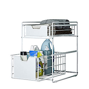 Moxeay Metal Basket Organizer 2-Tier Under Sink Cabinet Organizer with Sliding Storage Drawer, Stackable Basket Rack for Kitchen & Bathroom