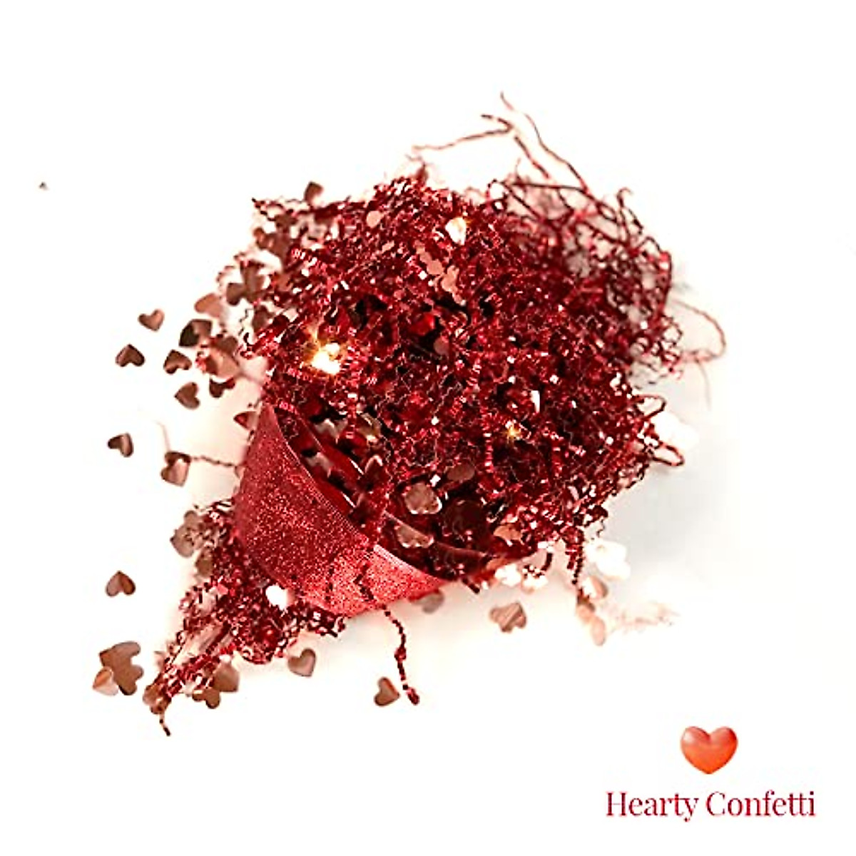 PAPER FAIR 1 LB Valentine's Day Crinkle Cut Paper with Rose Gold Heart Confetti, Metallic Red Paper Shred Filler Strand Raffia Tissue Craft Bedding Cushion, Christmas Party Birthday Gift Box Basket Retail