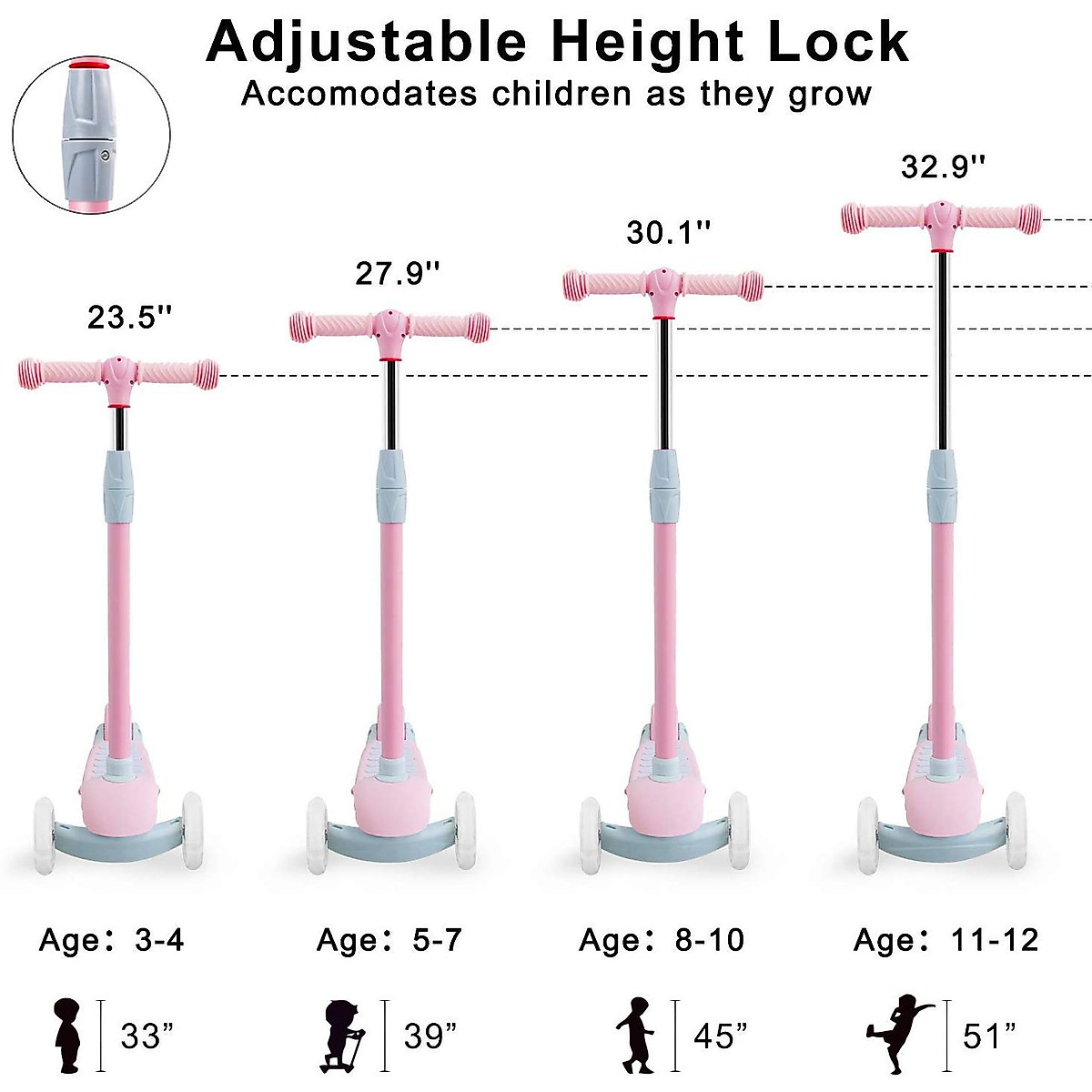 67i Scooters for Kids 2+ Year Old, Kids Scooter 3 Wheel, Toddler Scooter with Lean-to-Steer System and 4 Height-Adjustable Handlebar (Pink)