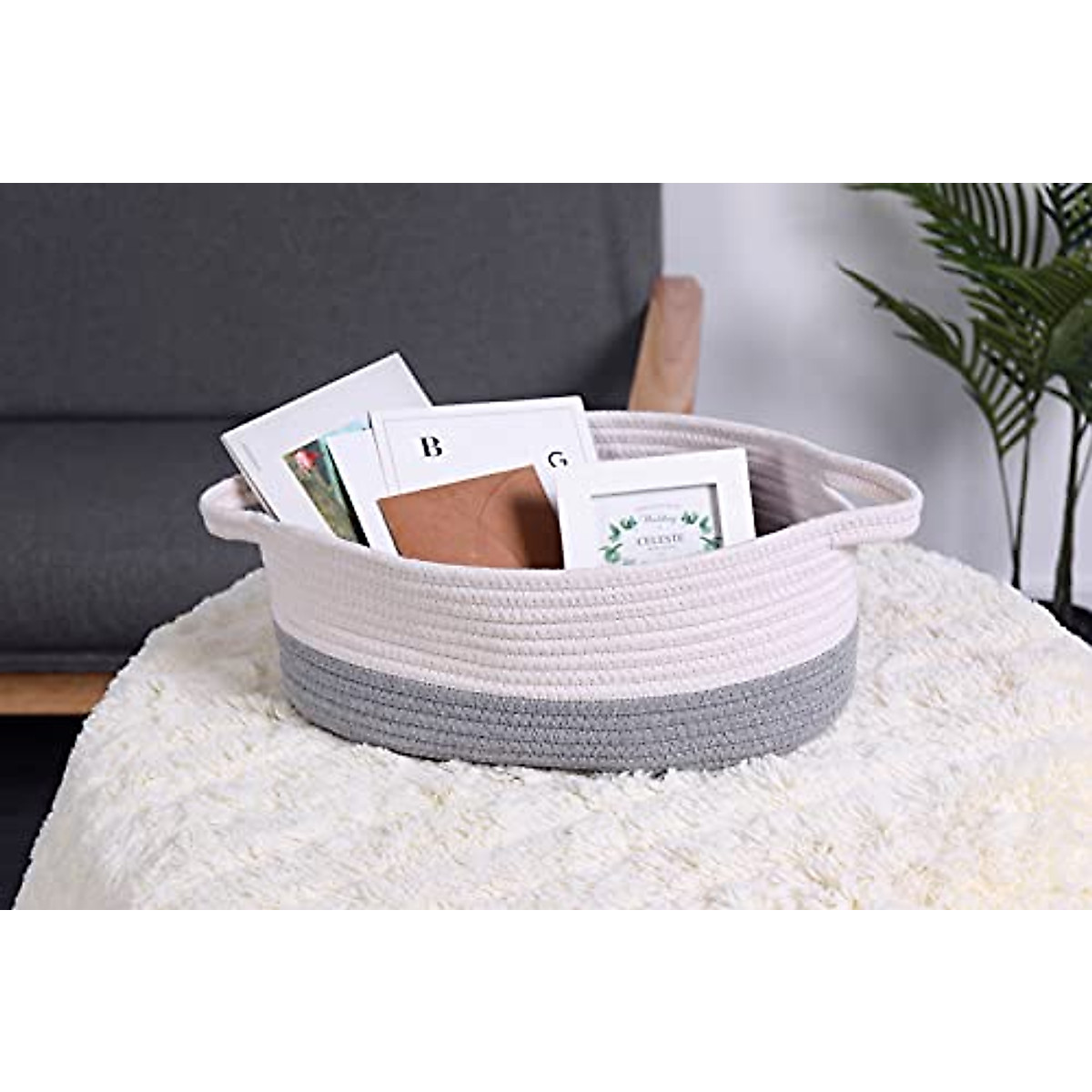 ZFRXZ 2-Pack Small Woven Basket | Cute Gray Rope Basket | Oval Basket | Shelf Storage Basket | Chest Box| Empty Gift Baskets with Handles, 14"x 9.8" x 5" Cube Bins Organizer(White-Gray)
