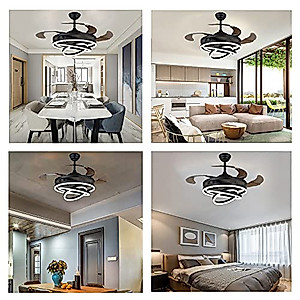 GWDZ 42 Inch Retractable Ceiling Fans, Modern LED Semi Flush Fan Light 3 Colors 6 Speed Invisible Blades Silent Smart Fan Suitable for Bedroom, Living Room and Dining Room Black