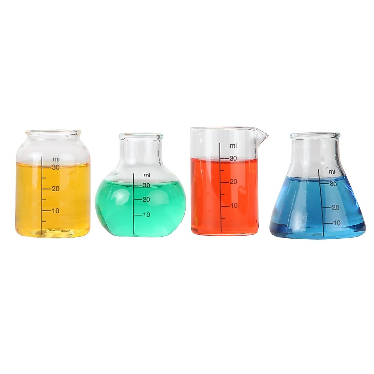 Lily's Home Mini Science Beaker and Flask Shot Glasses, Great Gift for Chemistry and Bio Grads, Nurses and Doctors, Clear 2 to 2 1/8" Tall, Set of 4 Assorted