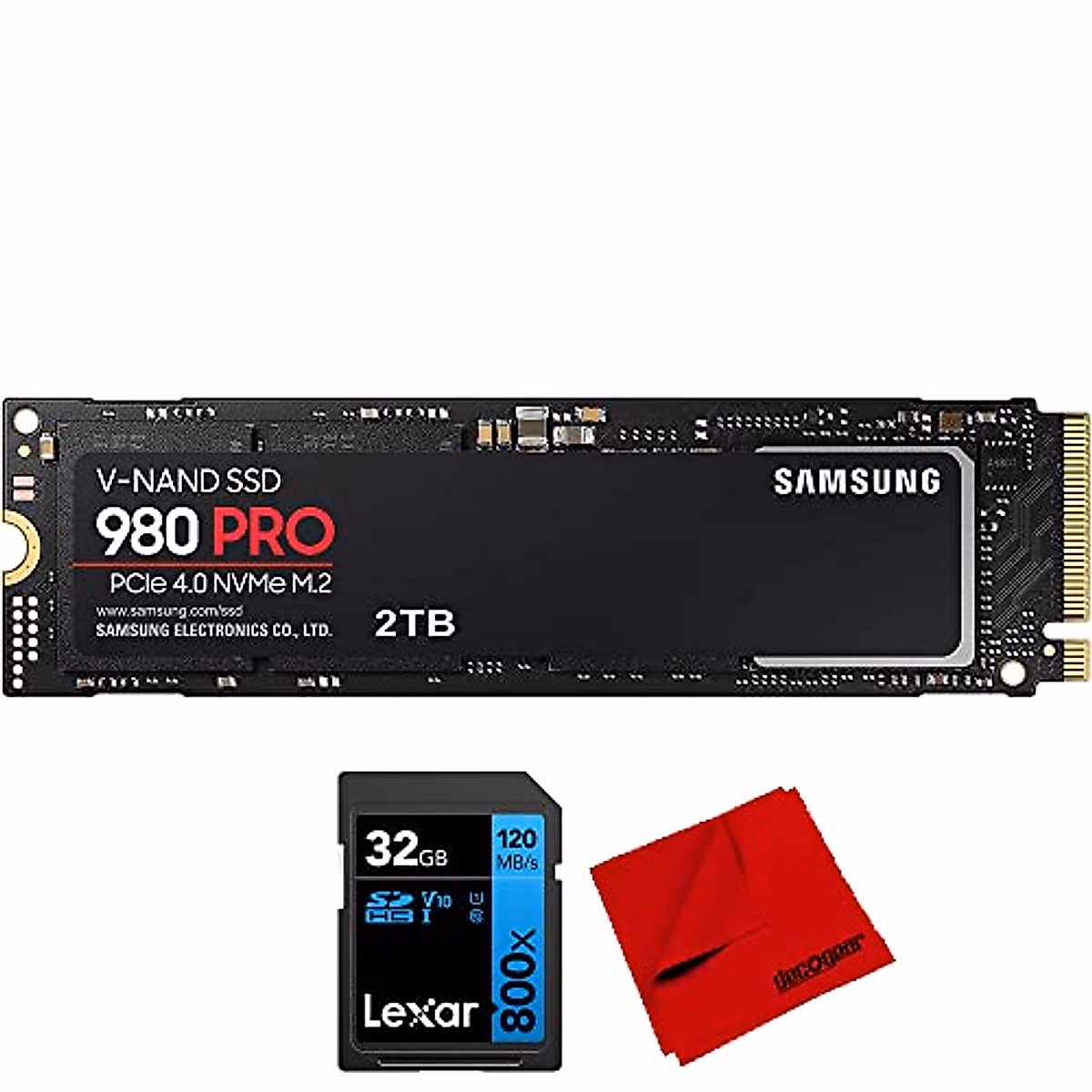 SAMSUNG MZ-V8P2T0B/AM 980 PRO PCIe 4.0 NVMe SSD 2TB Bundle with Lexar 32GB High-Performance 800x UHS-I SDHC Memory Card + Deco Photo 6 x 6 inch Microfiber Cleaning Cloth