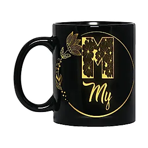 Millicent Baro Coffee Mug Personalized My Name & Initial Letter Monogram Floral Alphabet Mug Golden Flowers Custom Black Coffee Cup, Gift for Her Mom Coworker Sister, Wife, Girl 11oz Black Mug 055931